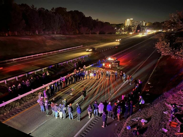 Police stand by as protestors block Durham Freeway during rush hour